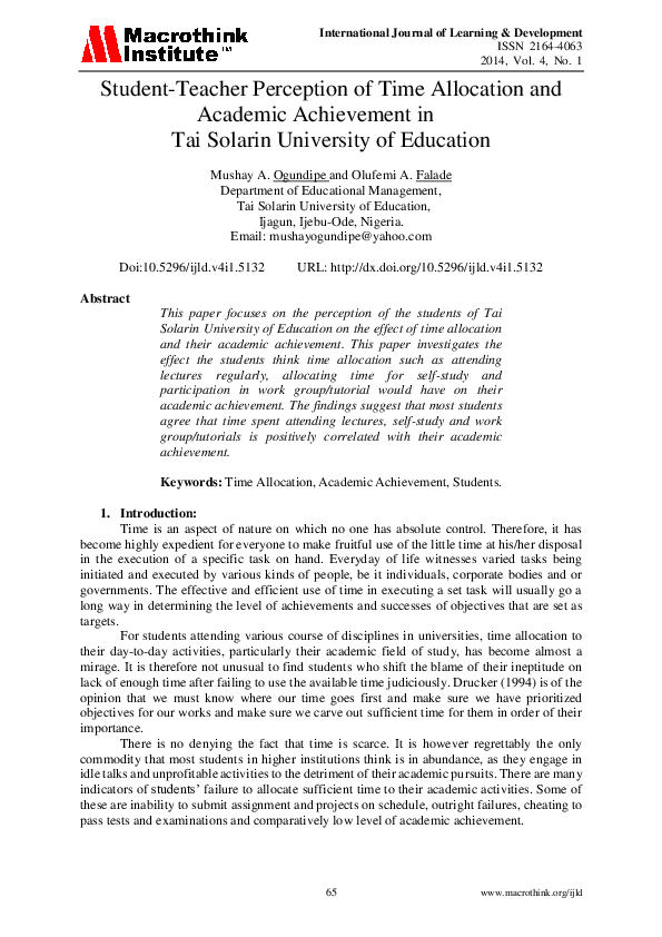 (PDF) Student-Teacher Perception of Time Allocation and Academic Achievement in Tai Solarin ...