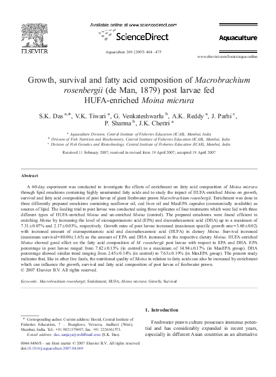 (PDF) Growth, survival and fatty acid composition of Macrobrachium ...