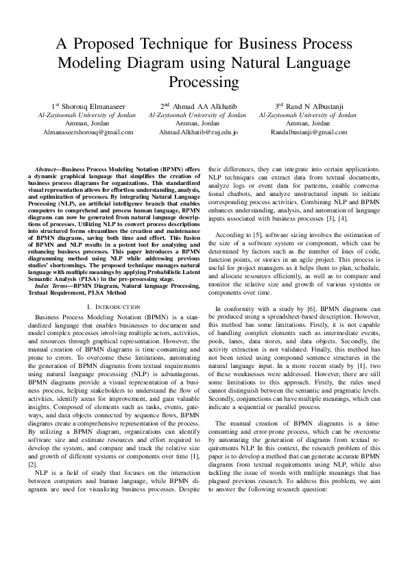 (PDF) A Proposed Technique for Business Process Modeling Diagram using Natural Language Processing