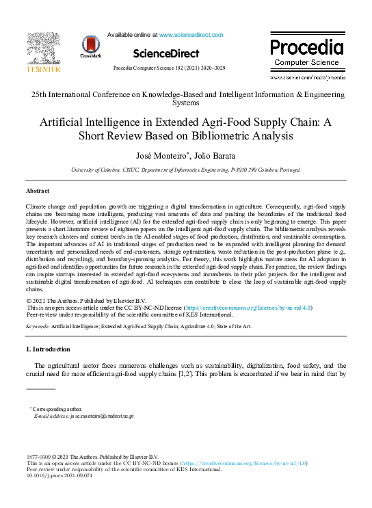 (PDF) Artificial Intelligence in Extended Agri-Food Supply Chain: A Short Review Based on ...