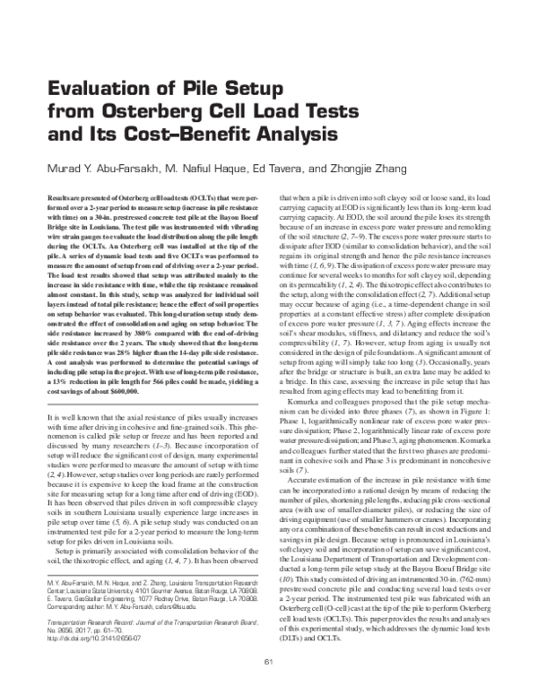 (PDF) Evaluation of Pile Setup from Osterberg Cell Load Tests and Its ...