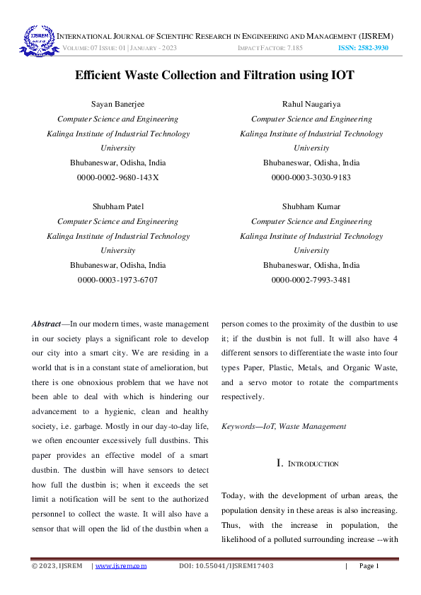 (PDF) Efficient Waste Collection and Filtration using IOT