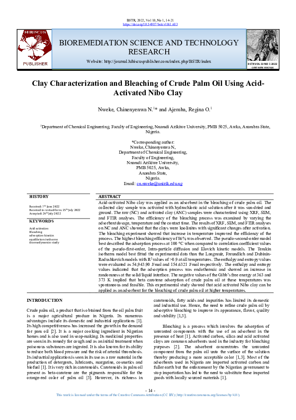 (PDF) Clay Characterization and Bleaching of Crude Palm Oil Using Acid ...