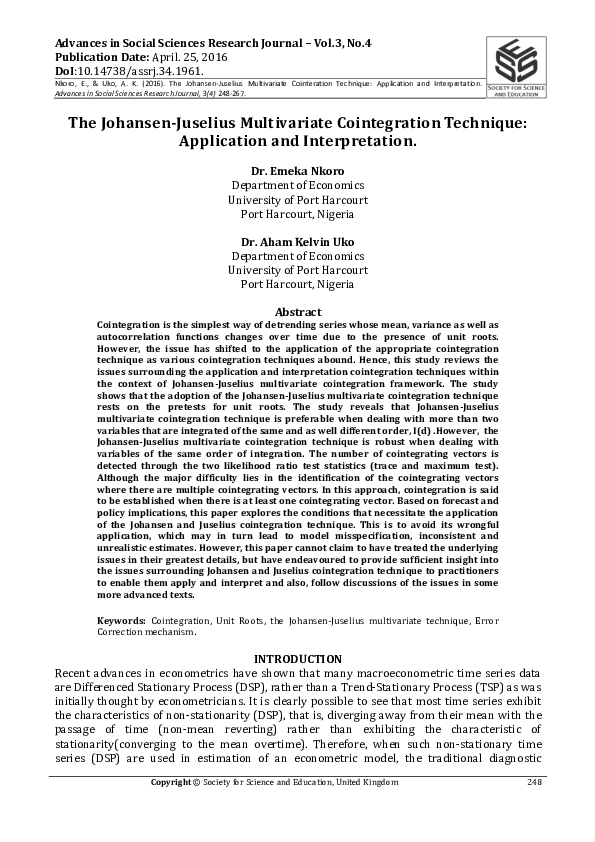 (PDF) The Johansen-Juselius Multivariate Cointegration Technique ...