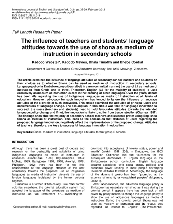 (PDF) The influence of teachers and students’ language attitudes towards the use of shona as ...