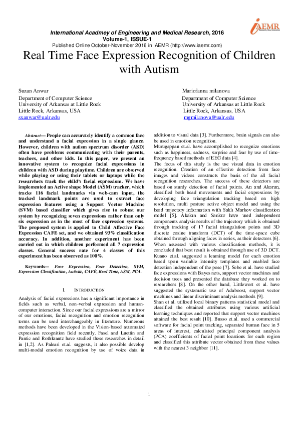 (PDF) Real Time Face Expression Recognition of Children with Autism