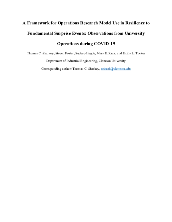 (PDF) A Framework for Operations Research Model Use in Resilience to Fundamental Surprise Events ...