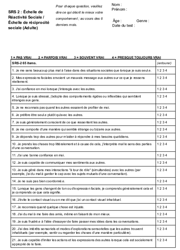 (PDF) SRS 2 : Échelle de Réactivité Sociale / Échelle de réciprocité sociale (Adulte TSA FR ...