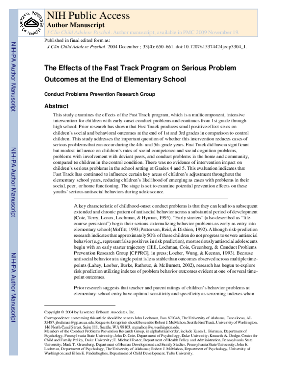 (PDF) The Effects of the Fast Track Program on Serious Problem Outcomes ...