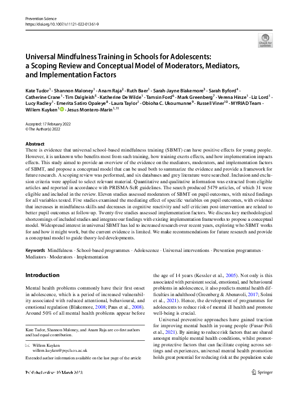 (PDF) Universal Mindfulness Training in Schools for Adolescents: a ...