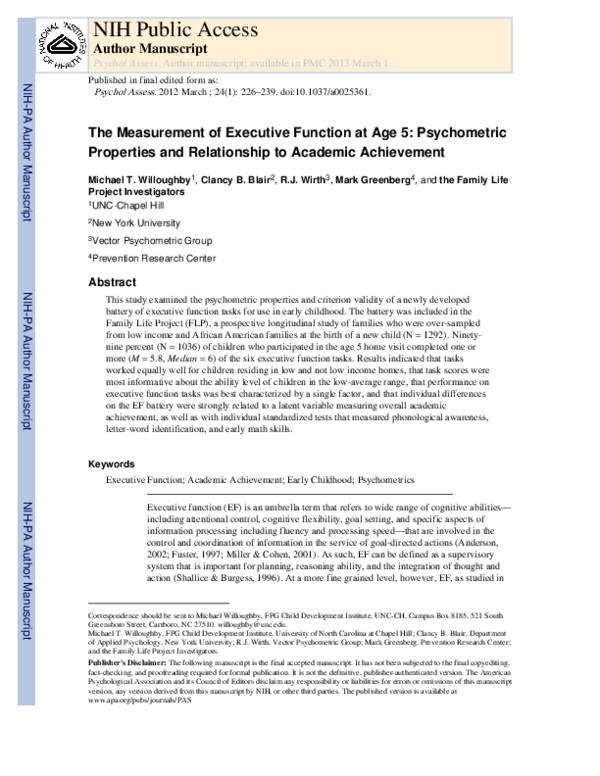 (PDF) The measurement of executive function at age 5: Psychometric ...