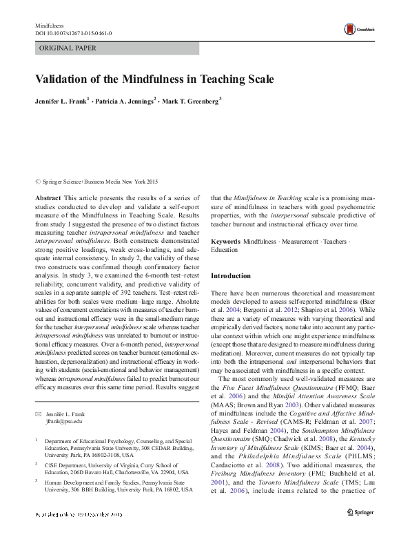 (PDF) Validation of the Mindfulness in Teaching Scale