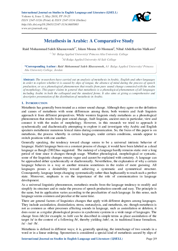 (PDF) Metathesis in Arabic: A Comparative Study