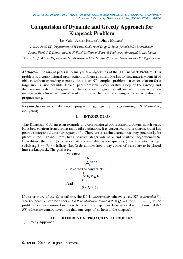 (PDF) Comparision of Dynamic and Greedy Approach for Knapsack Problem
