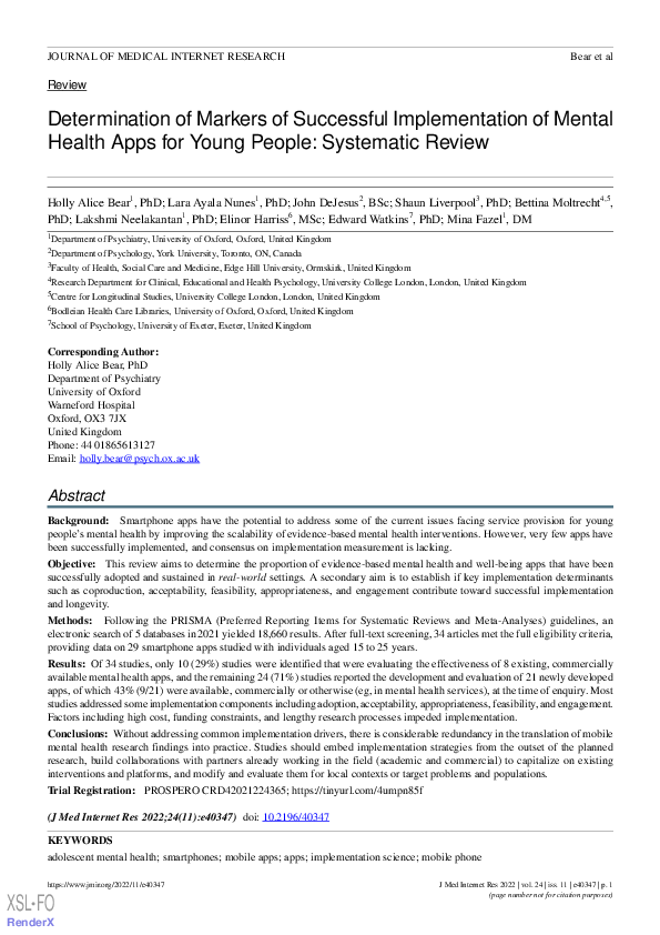 (PDF) Determination of Markers of Successful Implementation of Mental Health Apps for Young ...