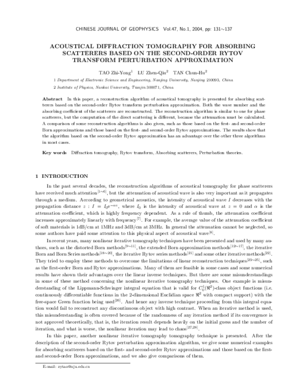 (PDF) Acoustical Diffraction Tomography for Absorbing Scatterers based on the Second-Order Rytov ...