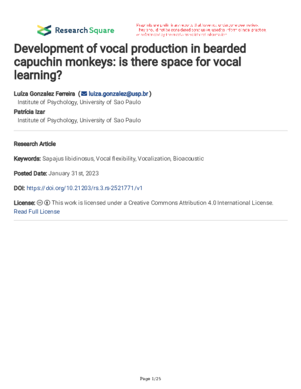 (PDF) Development of vocal production in bearded capuchin monkeys: is ...