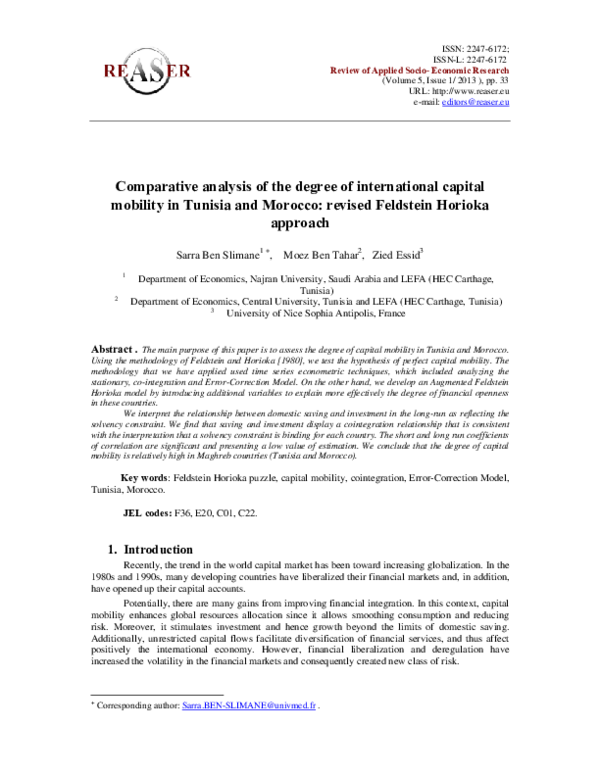 (PDF) Comparative analysis of the degree of international capital mobility in Tunisia and ...