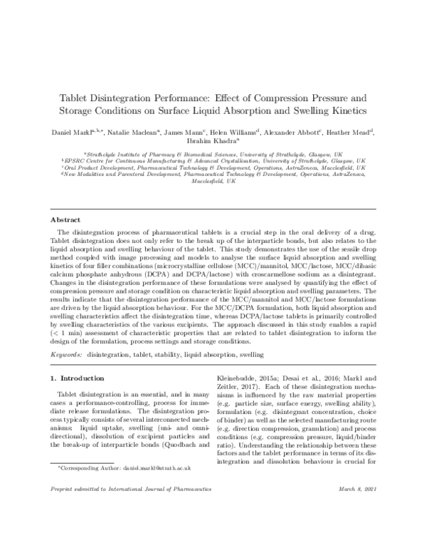 (PDF) Tablet disintegration performance: Effect of compression pressure ...
