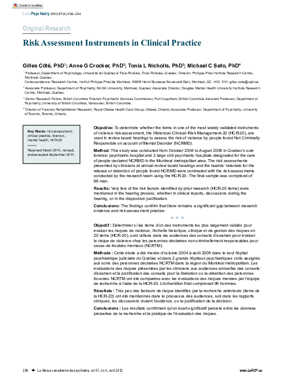(PDF) Risk Assessment Instruments in Clinical Practice