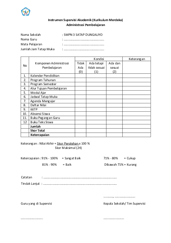 (DOC) Instrumen Supervisi Akademik (Kurikulum Merdeka) Administrasi Pembelajaran Nama Sekolah ...