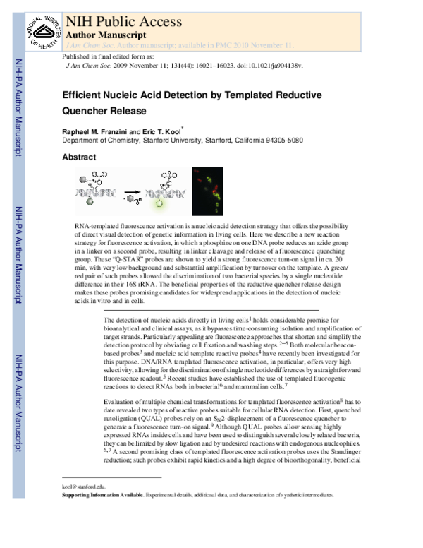 (PDF) Efficient Nucleic Acid Detection by Templated Reductive Quencher ...