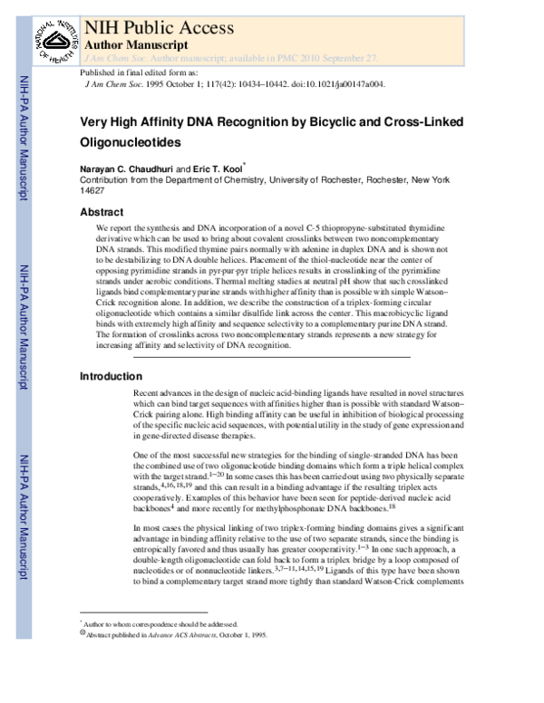 (PDF) Very High Affinity DNA Recognition by Bicyclic and Cross-Linked ...