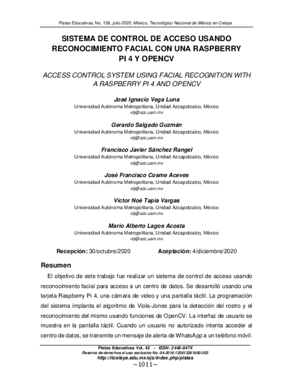 (PDF) Sistema De Control De Acceso Usando Reconocimiento Facial Con Una Raspberry Pi 4 y Opencv ...