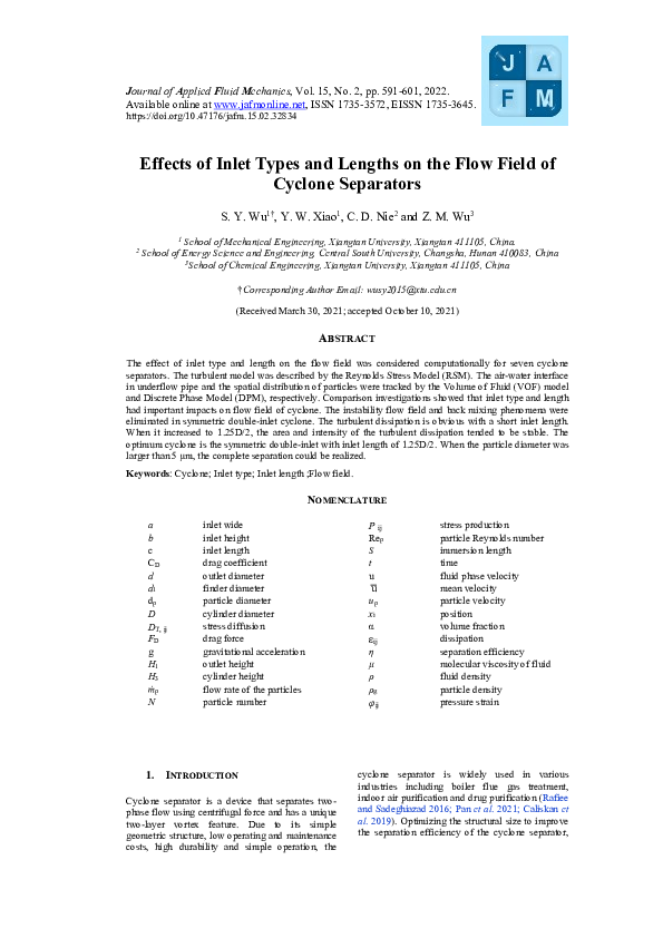 (PDF) Effects of Inlet Types and Lengths on the Flow Field of Cyclone ...
