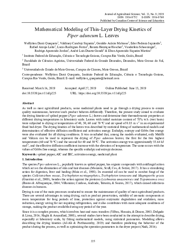 (PDF) Mathematical Modeling of Thin-Layer Drying Kinetics of Piper aduncum L. Leaves