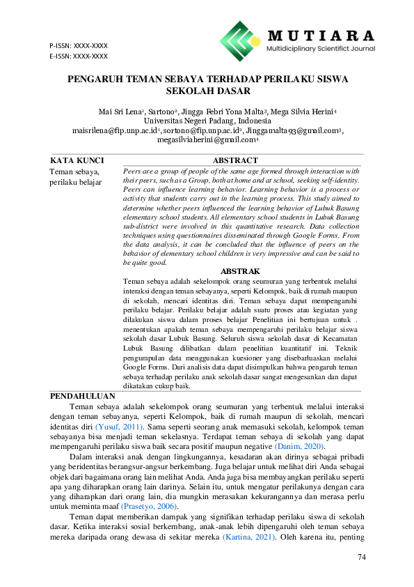 (PDF) Pengaruh Teman Sebaya Terhadap Perilaku Siswa Sekolah Dasar