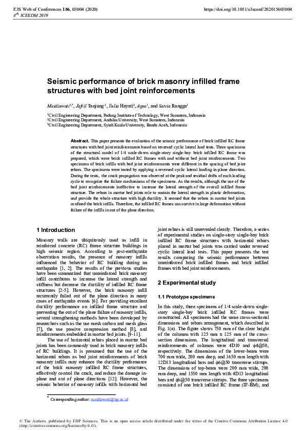 (PDF) Seismic performance of brick masonry infilled frame structures with bed joint reinforcements