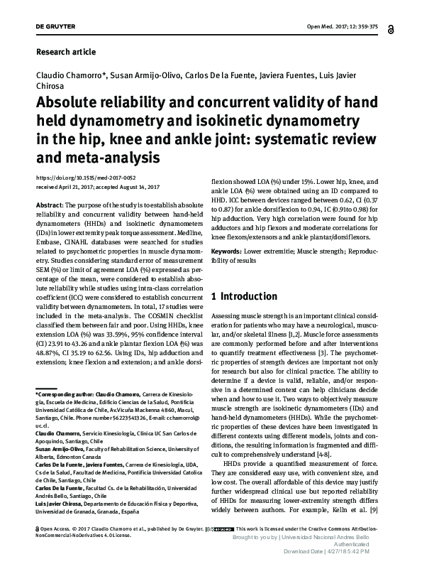 Pdf Absolute Reliability And Concurrent Validity Of Hand Held Dynamometry And Isokinetic