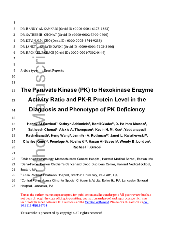 (PDF) The pyruvate kinase (PK) to hexokinase enzyme activity ratio and ...