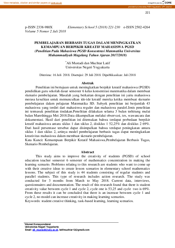 (PDF) PEMBELAJARAN BERBASIS TUGAS DALAM MENINGKATKAN KEMAMPUAN BERPIKIR KREATIF MAHASISWA PGSD ...