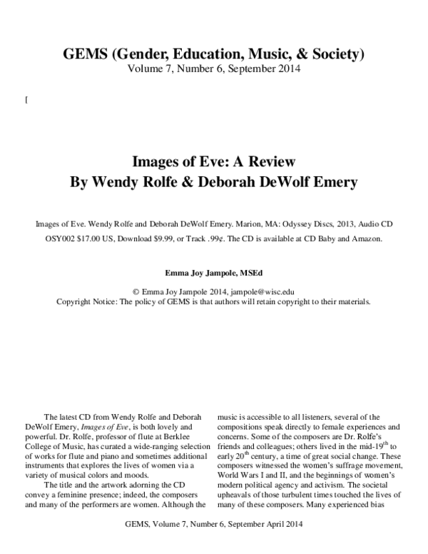 (PDF) Images of Eve: A Review - By Wendy Rolfe & Deborah DeWolf Emery