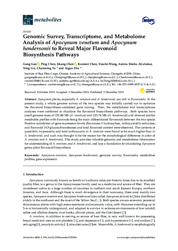 (PDF) Genomic Survey, Transcriptome, and Metabolome Analysis of Apocynum venetum and Apocynum ...