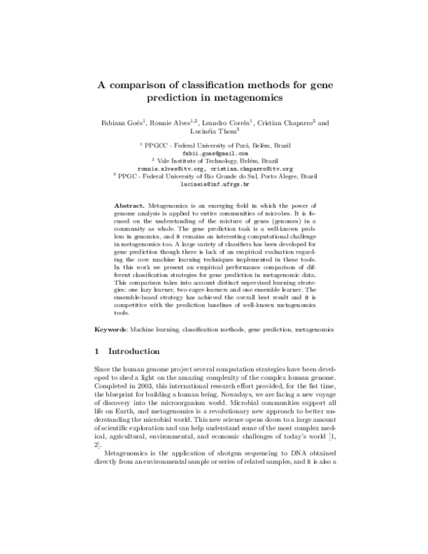 (PDF) A comparison of classification methods for gene prediction in metagenomics