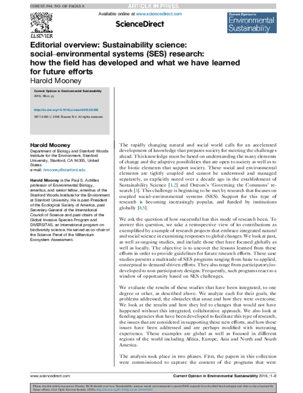 (PDF) Editorial overview: Sustainability science: social–environmental ...