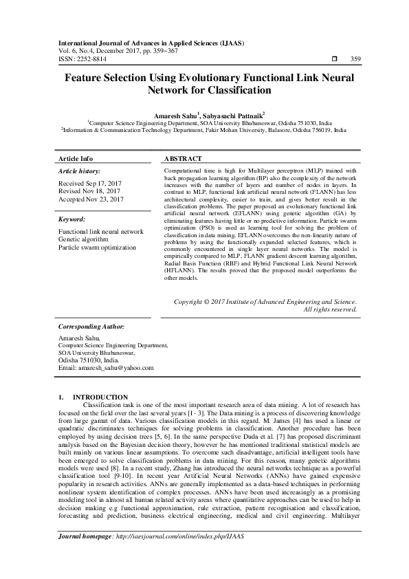 Pdf Feature Selection Using Evolutionary Functional Link Neural Network For Classification