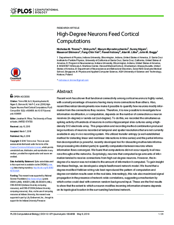 (PDF) High-Degree Neurons Feed Cortical Computations | John Beggs - Academia.edu