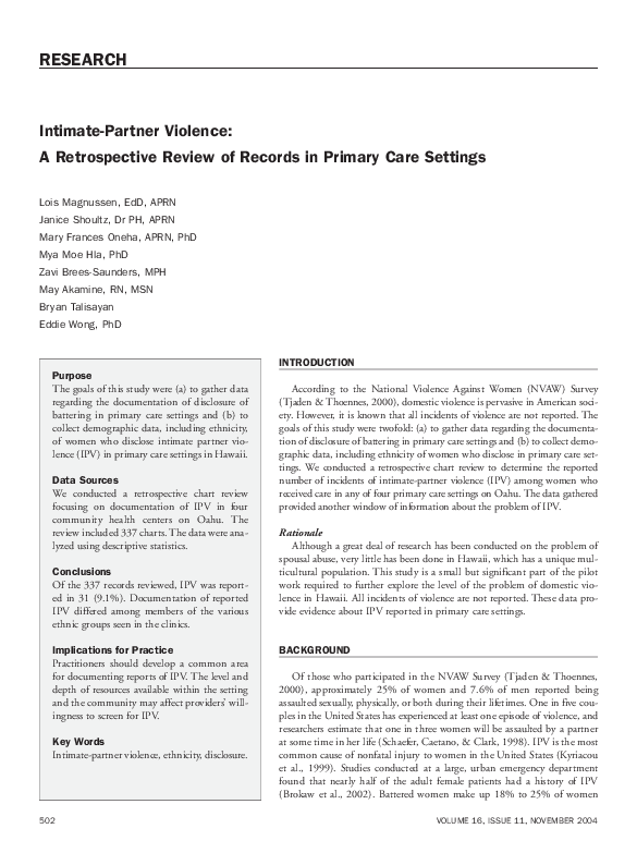 (PDF) Intimate-Partner Violence: A Retrospective Review of Records in Primary Care Settings