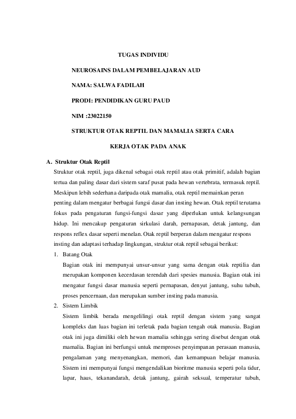 (PDF) STRUKTUR OTAK REPTIL DAN MAMALIA SERTA CARA KERJA OTAK PADA ANAK