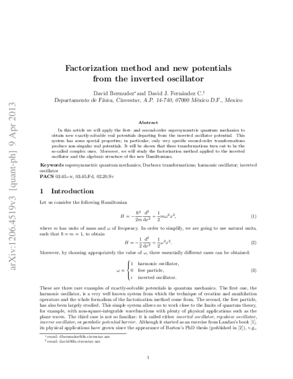 (PDF) Factorization method and new potentials from the inverted oscillator