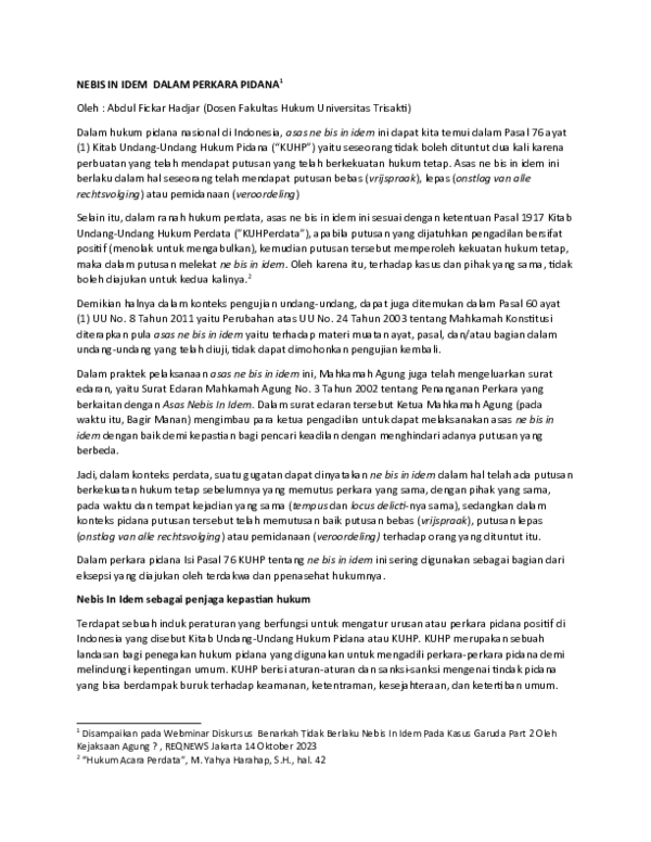(DOC) NEBIS IN IDEM DALAM PERKARA PIDANA1 Oleh : Abdul Fickar Hadjar (Dosen Fakultas Hukum ...