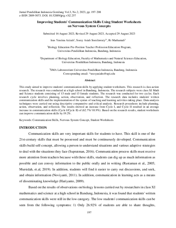 (PDF) Improving Students' Communication Skills Using Student Worksheets ...