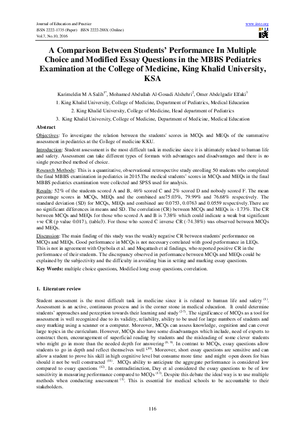 (PDF) A Comparison Between Students' Performance In Multiple Choice and ...