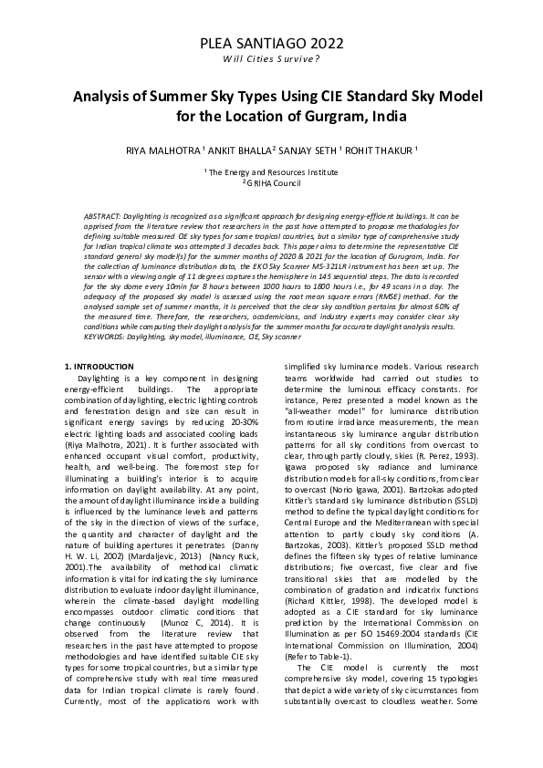(PDF) Analysis of Summer Sky Types Using CIE Standard Sky Model for the ...