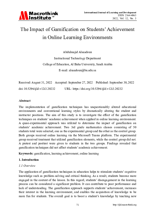(PDF) The Impact of Gamification on Students’ Achievement in Online Learning Environments