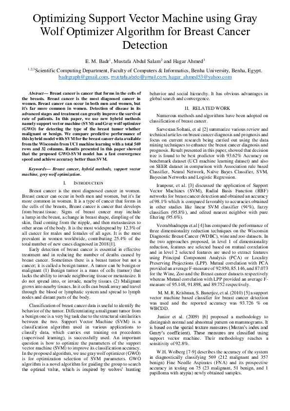 (PDF) Optimizing Support Vector Machine using Gray Wolf Optimizer Algorithm for Breast Cancer ...